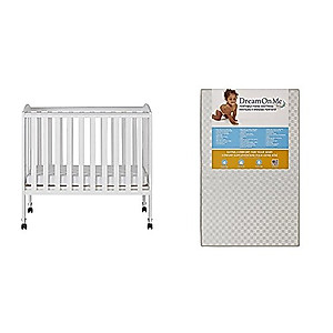 Dream On Me 2 in 1 Portable Folding Stationary Side Crib with Dream On Me 3 Portable Crib Mattress, White