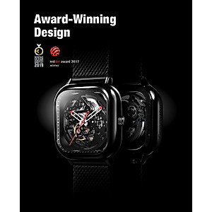 CIGA Design Men's Automatic Watch, C Series Full Hollow Skeleton Mechanical Analog Wristwatch with Milanese and Leather Strap Sapphire Crystal Mirror (Black)