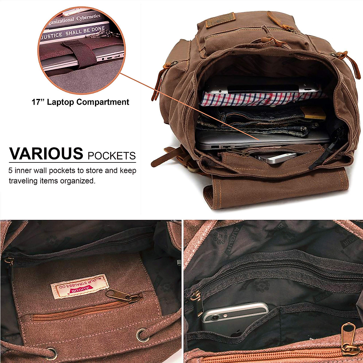 HuaChen Vintage Canvas Backpack,17" Laptop Backpacks Rucksack,Shoulder Travel Camping Hiking Backpacks School Bag Bookbag for Men Women (M32_Coffee_Large)