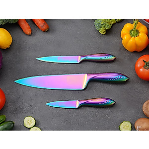 Hollory Rainbow Kitchen Knife Set 3 Piece, Razor Sharp German Stainless Steel Blade with 8 in Chef, 5 in Utility, 3.5 in Paring – Starter Set with Gift Box