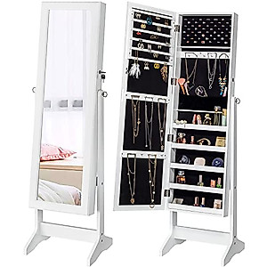 YOKUKINA Jewelry Cabinet Free Standing Large Storage Lockable Armoire, Full Length Dressing Mirror Organizer(White)