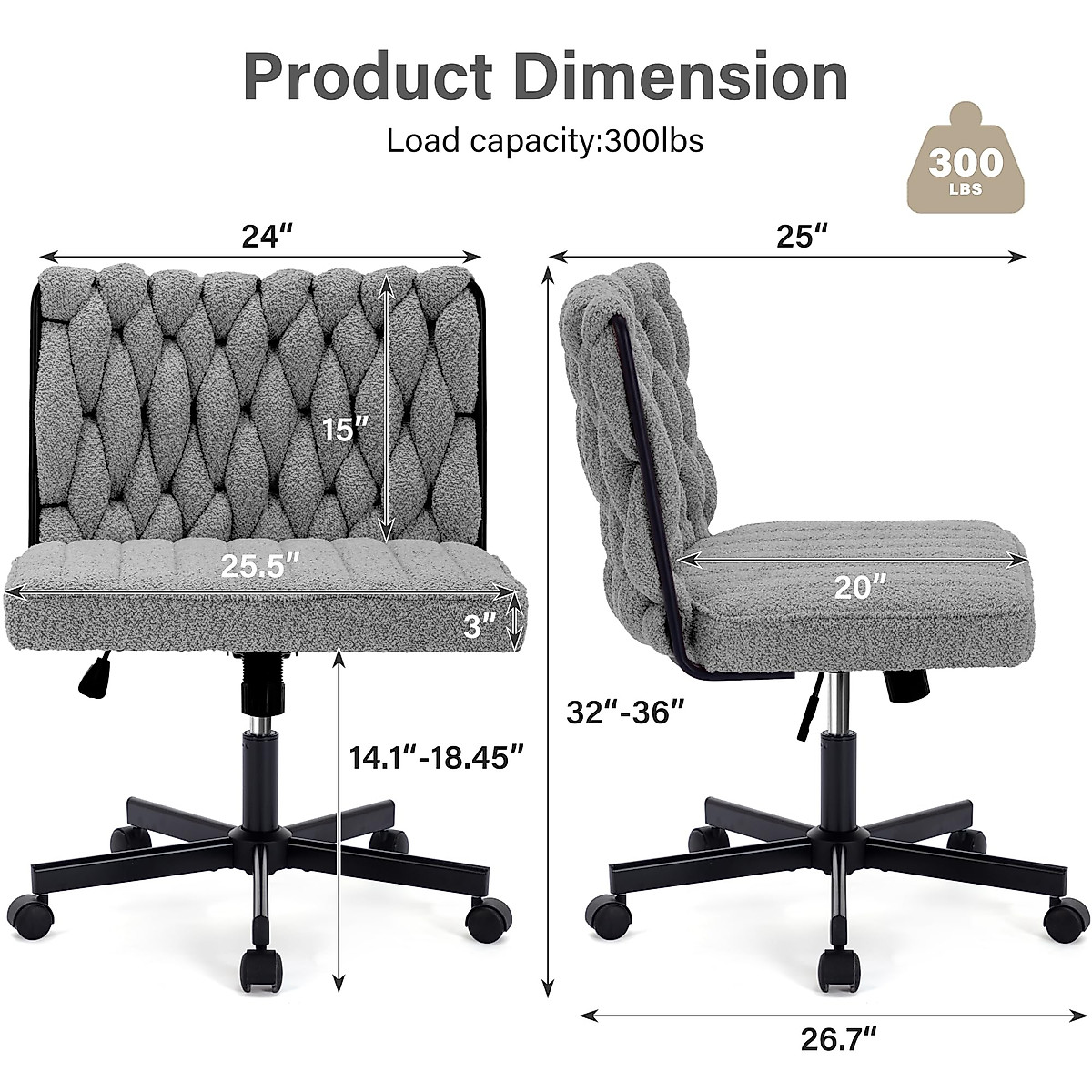 HForesty Criss Cross Legged Office Desk Chair with Wheels, Modern Armless Desk Chair with Wide Seat, Home Office Chair for Work, Meditation, Vanity, Grey