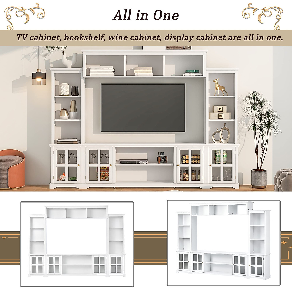 Multifunctional All in One TV Stand for TVs Up to 70'', Luxury Entertainment Wall Unit with Bridge and Tempered Glass Door, TV Stand Console Table with Top Cabinet for Living Room (White-70)
