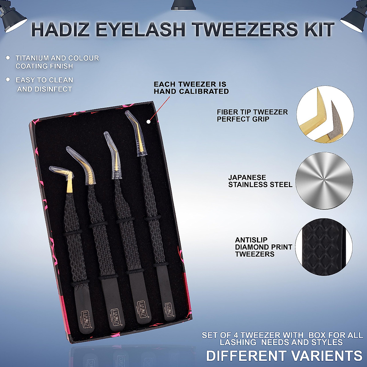 HADIZ Set of 4 Fiber Tip Diamond Grip Eyelash Extensions Tweezers Japanese Stainless Steel Lash Tweezer(Black)