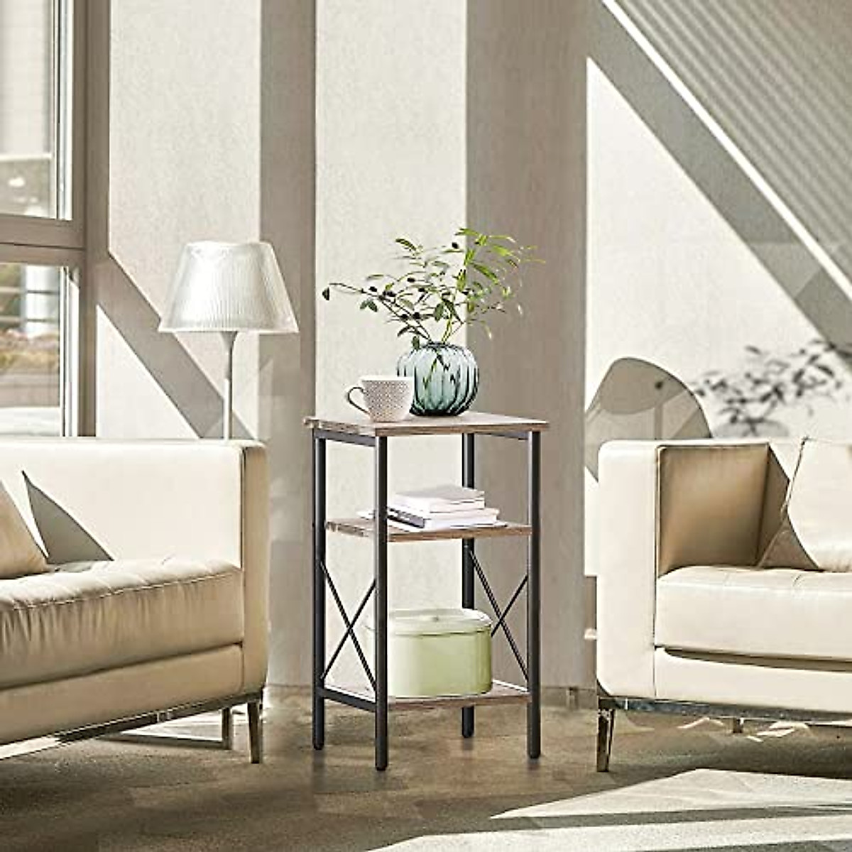 TUTOTAK End Table, Tall Side Table, End Table with Storage Shelves, 3-Tier Slim Table, Steel Frame, for Living Room, Study, Bedroom TB01BG018