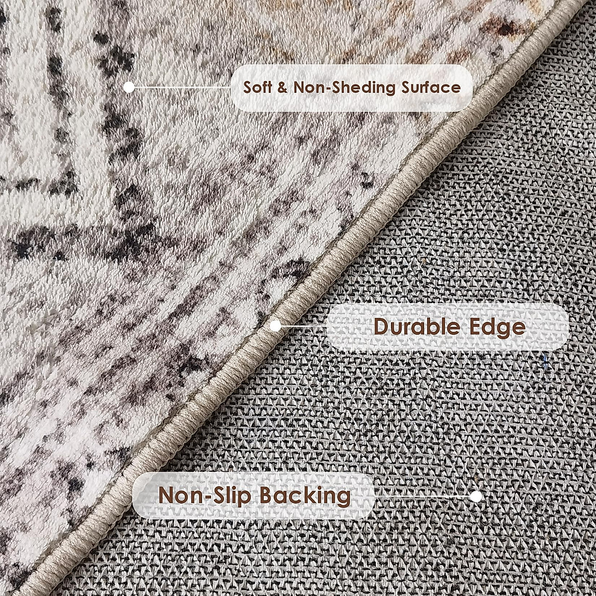 OMERAI Washable Rugs 5x7 Boho Washable Rug Anti-Slip Backing Soft Woven Washable Rug for Living Room, Bedroom, Home Decor, Beige Washable Area Rug (5'x7', Khaki)