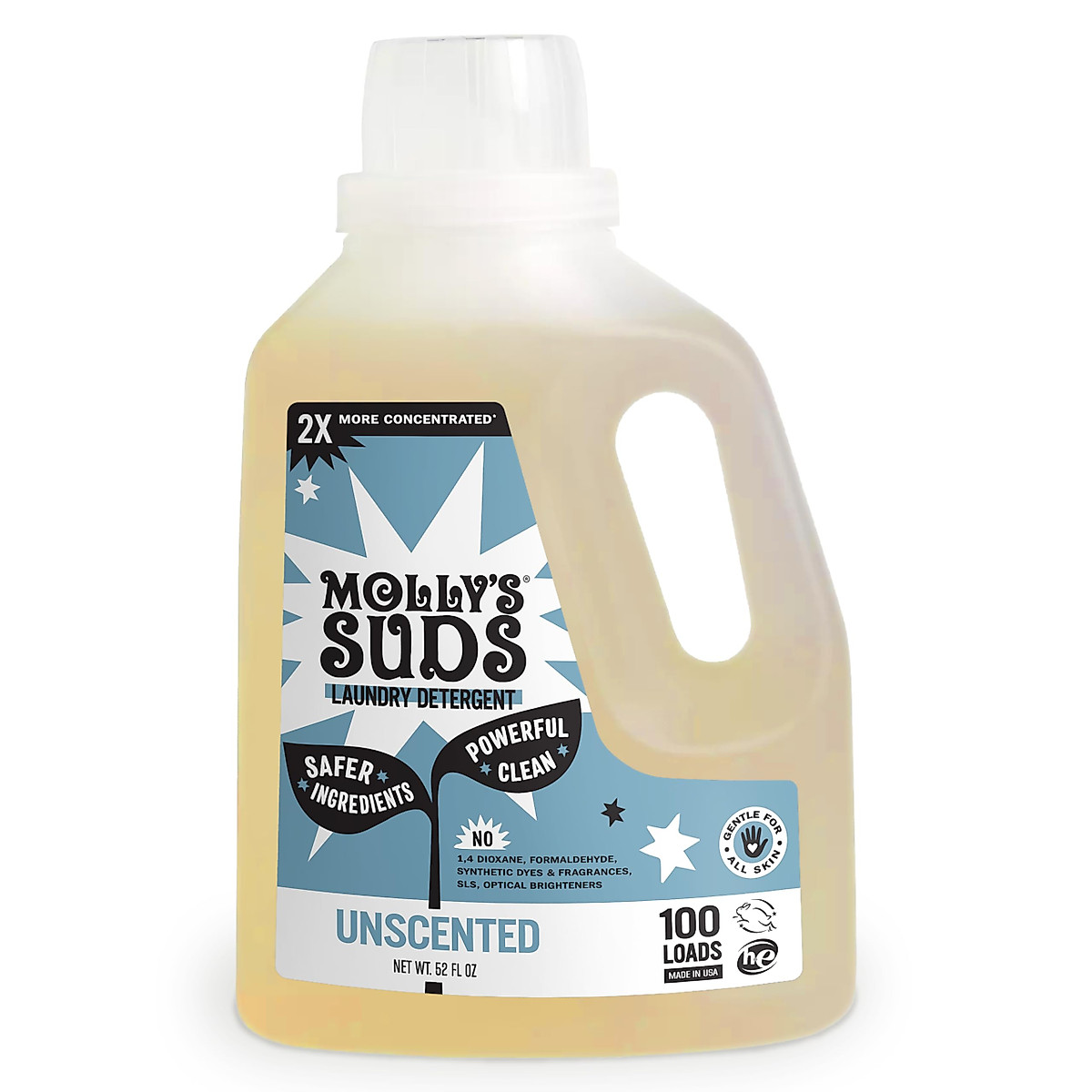Molly's Suds Liquid Laundry Detergent | Clean Laundry Detergent Soap for Sensitive Skin | 2x Concentrated, High Efficiency (HE) | Unscented - 100 Loads