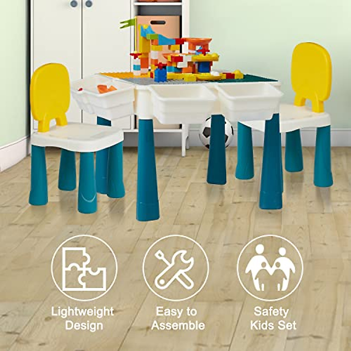 Kinfant 5-in-1 Kids Table & Chairs Set - Toddler Activity Center with Building Blocks for Boys & Girls, Sand & Water Table Set for Home, Playroom, Nursery