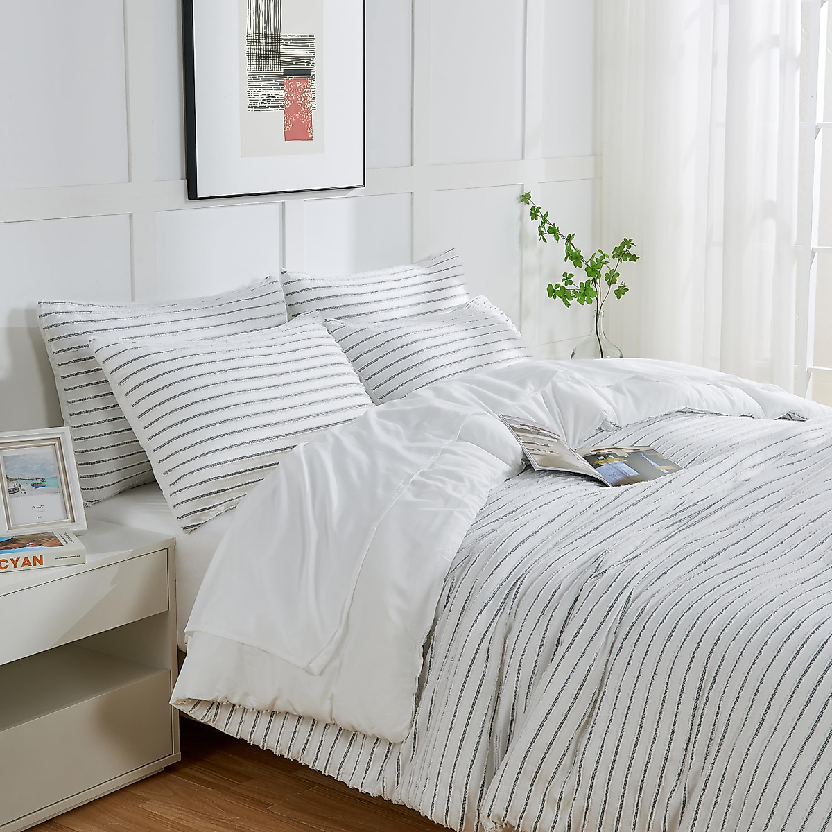 ENJOHOS Twin Comforter Set, 5 Pieces Twin Bed in a Bag Set with Sheets for College Girls Boys, Comforter with Tufted Black White Stripes, Lightweight Microfiber Comforter Bedding