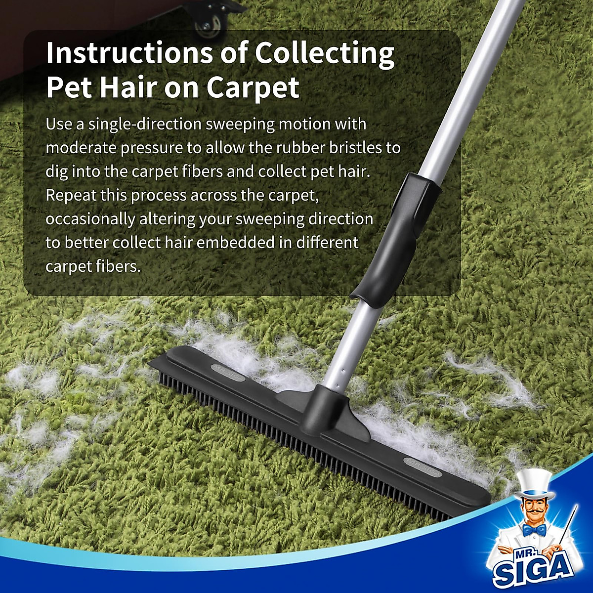 MR.SIGA Pet Hair Removal Rubber Broom with Built in Squeegee, 2 in 1 Floor Brush for Carpet, 62 inch Adjustable Handle, Includes One Microfiber Cloth for Floor Dusting