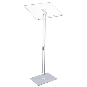 HMYHUM Small Acrylic Podium Stand, 17.7" L x 13" W x 41.7" H, Clear Lecterns & Pulpits for Classroom, Concert, Churches, Speech, Easy Assembly, Metal Base, Modern