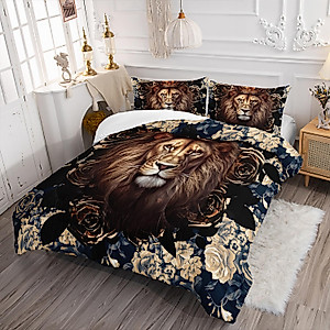 AILONEN 3D Lion King Comforter Set Queen Size, 3D Gold Rose Bedding Set,African Safari Animals Fitted Bed in a Bag for Kids Teens,Crown Lion Duvet Set,1 Quilt and 2 Pillowcases,3 PCS