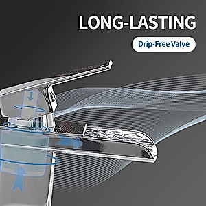 BWE Waterfall Bathroom Faucet Chrome Polished Modern Sink Bath Single Hole Handle Lavatory Vanity Washbasin Mixer Tap Brass Material with Water Faucets Supply Hose