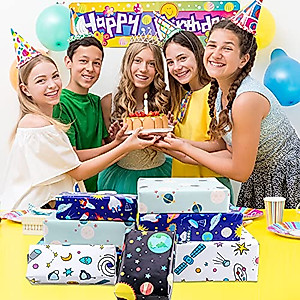 Konsait Space Wrapping Paper, Blue White Navy Bulk Packaging Paper Assortment for Birthday Party Favors Holiday Decoration DIY Crafts Supplies, 8 Sheet 27.6" x 20" Outer Rocket Gift Wrapping Paper