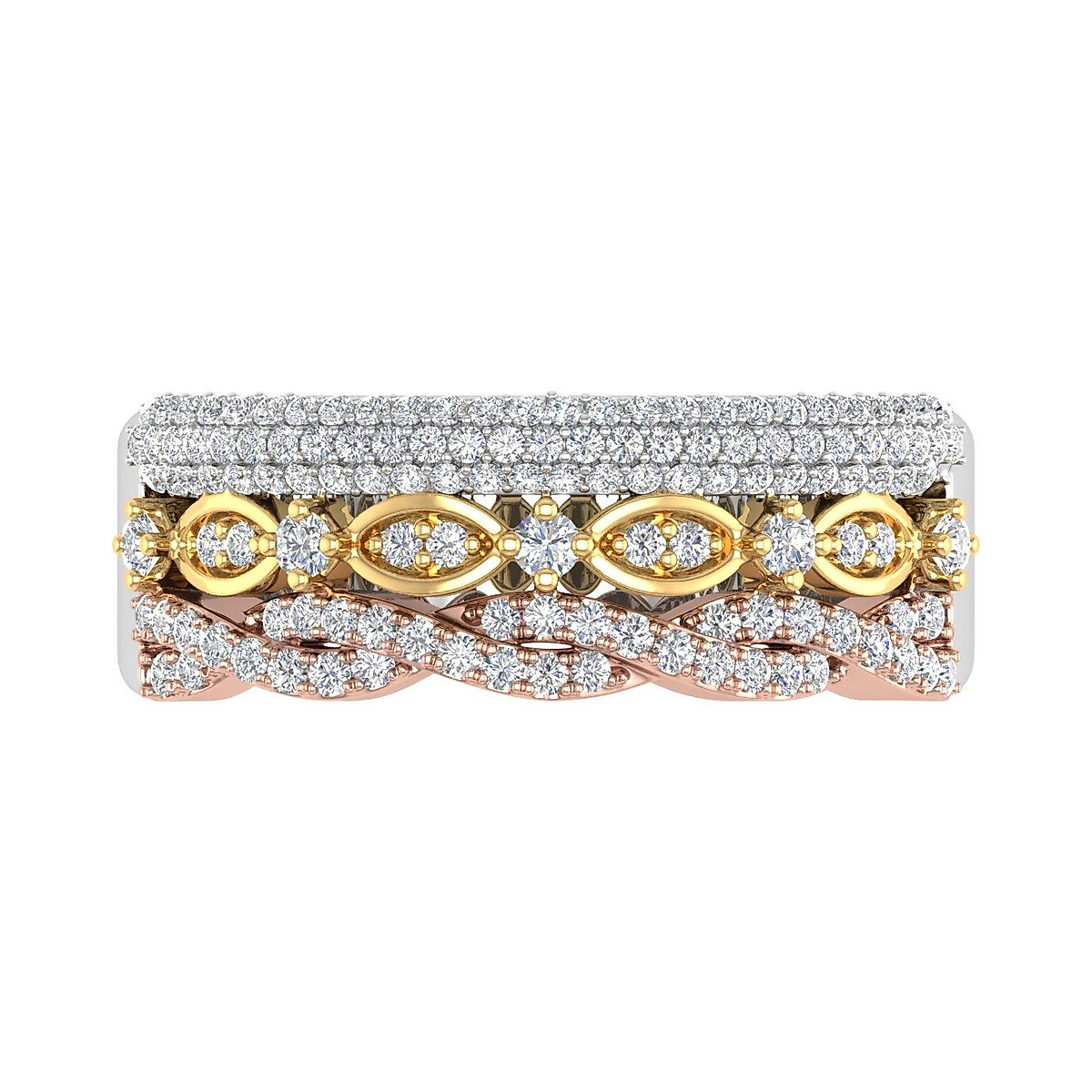 1/2 Carat Diamond Tri Color Wedding Band Ring in 10K White Gold, Yellow Gold & Rose Gold (Ring Size 6.75)