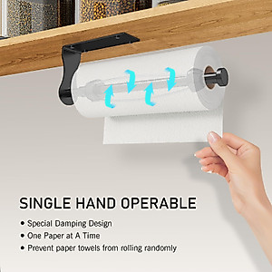 SetSail Paper Towel Holder, Single Hand Operable Paper Towel Holder Under Cabinet with Adjustable Damper Easy Tear Paper Towel Holder Wall Mount for Kitchen Bathroom, Adhesive or Screw, Black