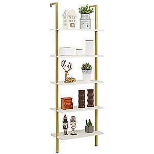 SUPERJARE Modern Ladder Shelf, 5-Tier Open Wall-Mounted Bookshelf with Stable Metal Frame, 72 Inches Storage Rack Shelves, Stand Bookcase for Home Office - White/Gold