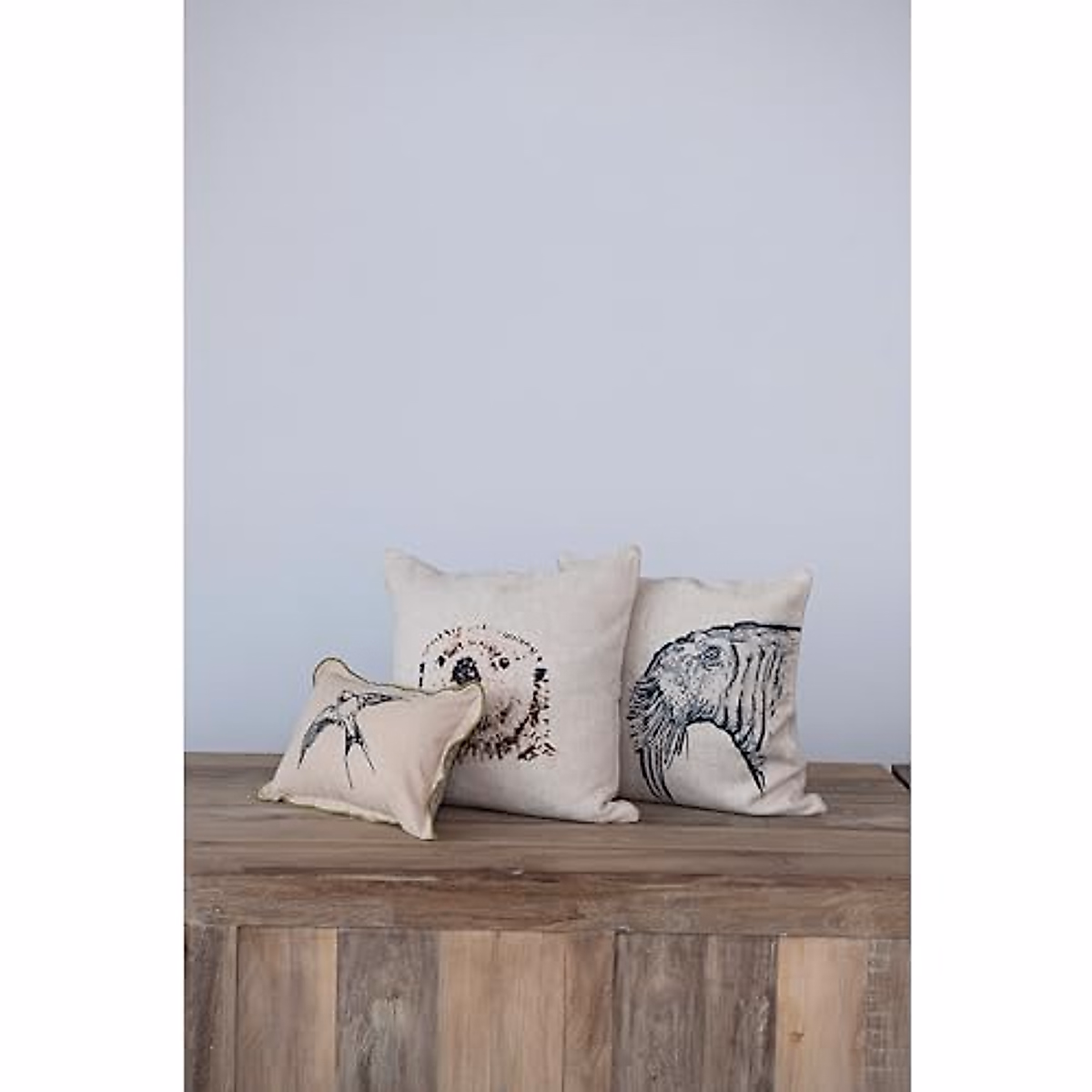 Creative Co-Op 14 Inches Cotton Chambray Printed Lumbar Bird, Embroidery, Patterned Back and Scalloped Edge, Multicolored Pillow, Natural