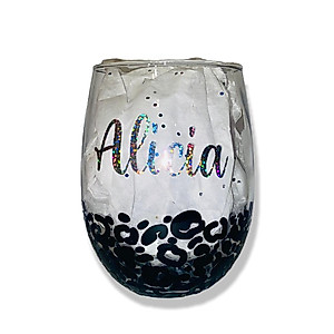 Jemley Personalized Gifts | Wine Glass Leopard Print Custom Name | Personalized Gift for Her | Cheetah Stemless Wine Glass 20oz - Handmade