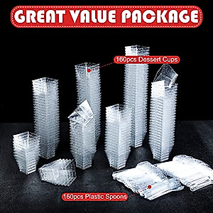 Meanplan 160 Pack 2oz Glitter Plastic Dessert Cups with Spoons 160 Disposable Square Plastic Dessert Cups and 160 Glitter Spoons for Party Dessert Appetizers (Silver)