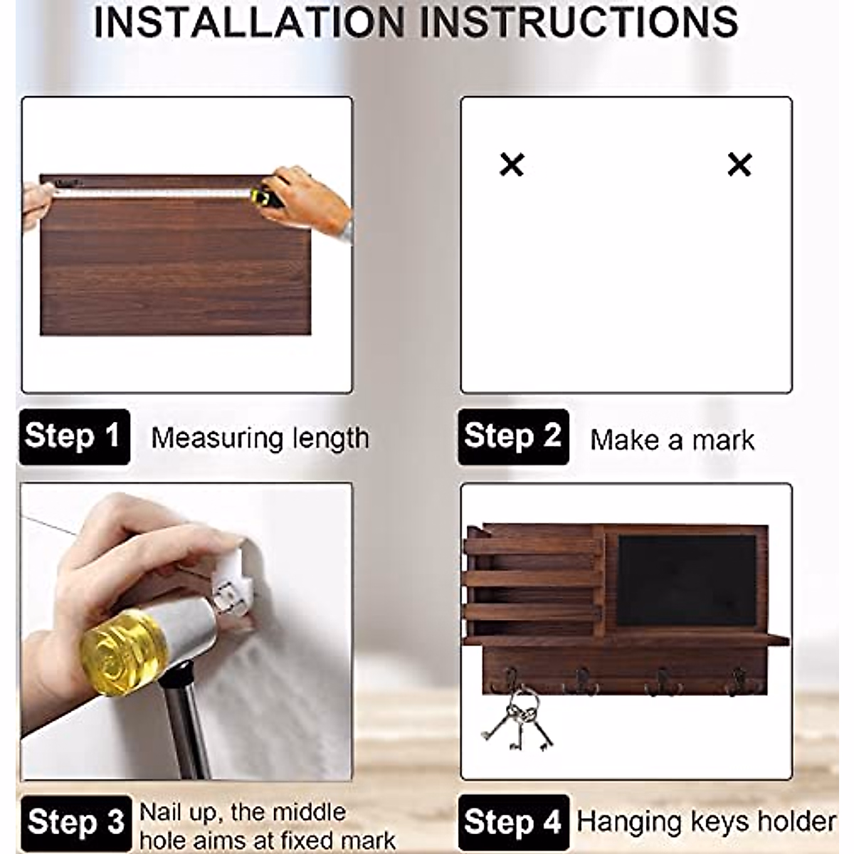 Megadream Key Holder for Wall, Front Door Organizer Wooden Mail Letter Holder Box, Key Ring Holder for Wall with Chalkboard, 4 Double Key|Coat|Bag Hooks