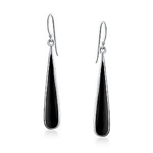Simplistic Boho Fashion Black Onyx Inlay Long Flat Teardrop Shaped Dangle Earrings For Women Teen .925 Sterling Silver Fish Hook Wire Threader