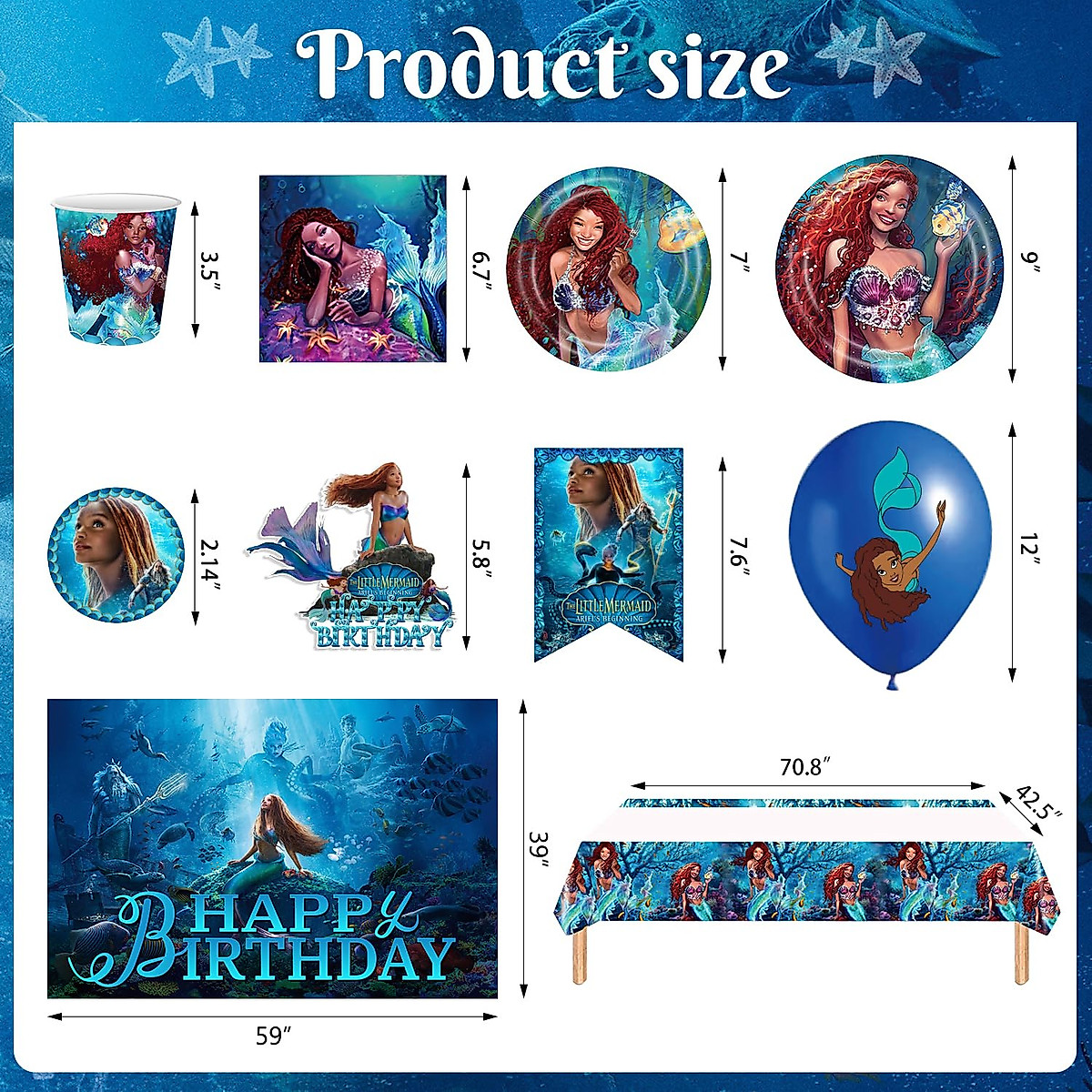 YUNKELIU Little Mermaid Party Decorations, Ariel Birthday Decorations Includes Backdrop, Happy Banner, Balloons, Tablecloth, Cake Cupcake Toppers, Tableware for Under the Sea Theme Decor