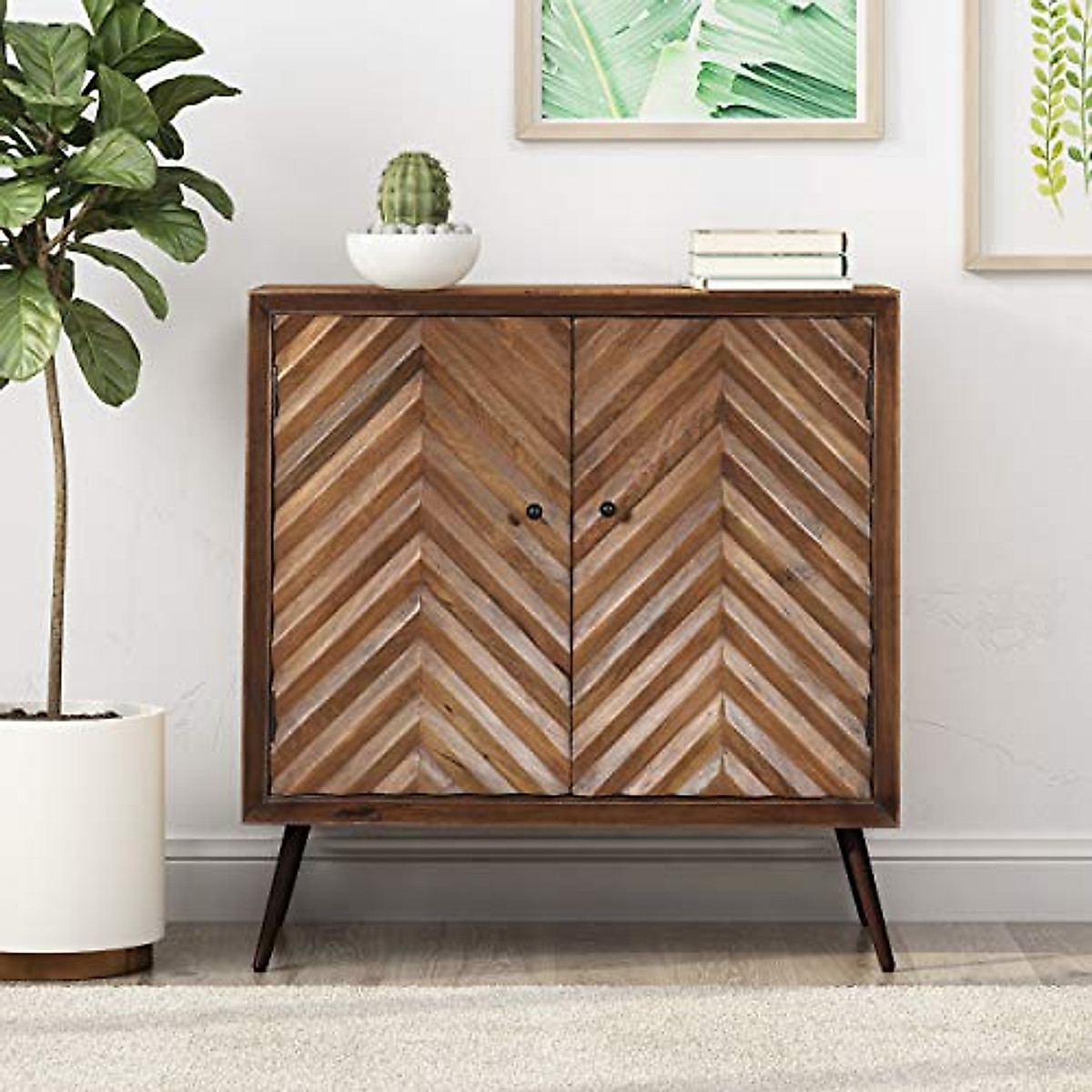 Great Deal Furniture Charlotte Mid-Century Modern Handcrafted Mango Wood Sideboard, Dark Brown