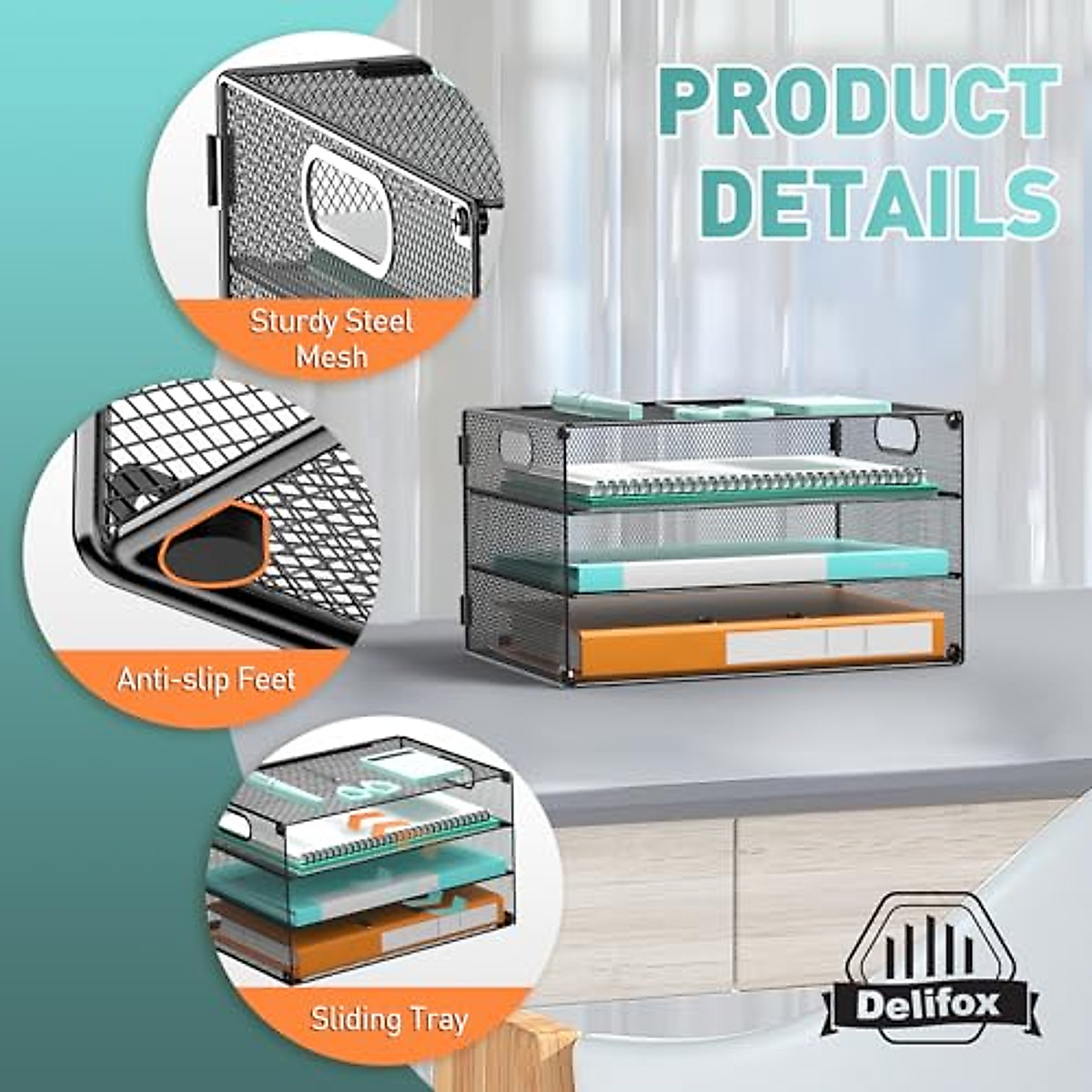 4-Tier Letter Tray Paper Organizer with Handle,Mesh File Holder Organization Document Storage for Office Home School, Black