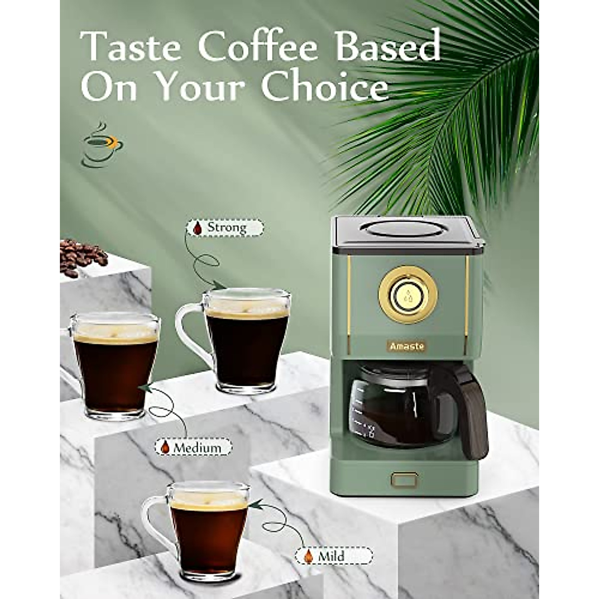 Amaste Drip Coffee Maker, Coffee Machine with 25 Oz Glass Coffee Pot, Retro Style Coffee Maker with Reusable Coffee Filter & Three Brewing Modes, 30minute-Warm-Keeping, Matcha Green