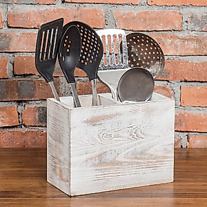 MyGift Whitewashed Wood Kitchen Utensil Holder Organizer, Countertop Flatware Silverware Cooking Utensil Crock Storage Caddy with 2 Compartments