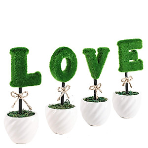 Liry Products Love Letters Decoration White Ceramic Pots Artificial Plants Topiary Set of 4 Faux Bush Planters Tabletop Hedge Sculptures Valentine’s Day Wedding Party Home Office Garden Rustic Modern