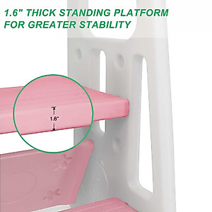 Nursery Kitchen Step Stool w/ 3 Adjustable Heights Toddler Standing Tower Kids Learning Stool w/Double Safety Rails & Non-Slip Foot Pads Cooking Stool Stand Helper Bathroom Counter Footstool (Pink)