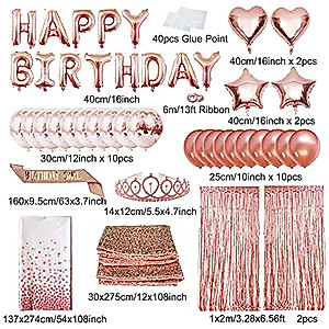 ZERODECO Rose Gold Birthday Party Decorations, Happy Birthday Banner, Glitter and White Table Runner, Sash, Queen Tiara, Fringe Curtains, Foil Confetti Balloon Party Decorations for Girls and Women