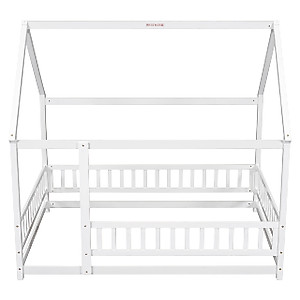 Full Size House Floor Bed Wooden Montessori Bed with Fence and Roof for Kids Playhouse Style Bed Frame for Girls Boys Teens, White