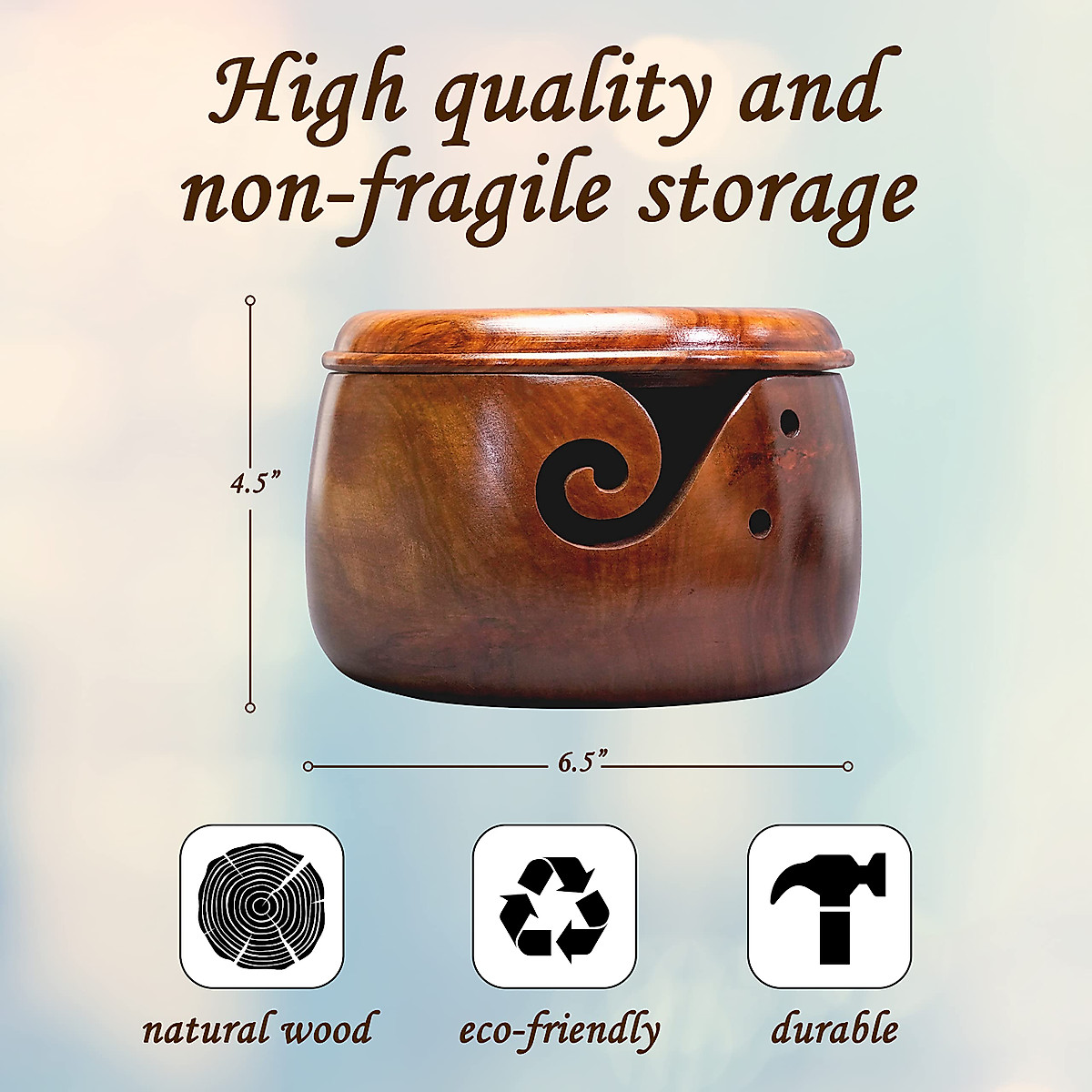 Eunoia Yarn Bowl with Round Lid, 7x5 Inch Handmade Yarn Holder for Crocheting, Decorative Knitting Bowl for Knitters with Wooden Crochet Hook and Travel Bag