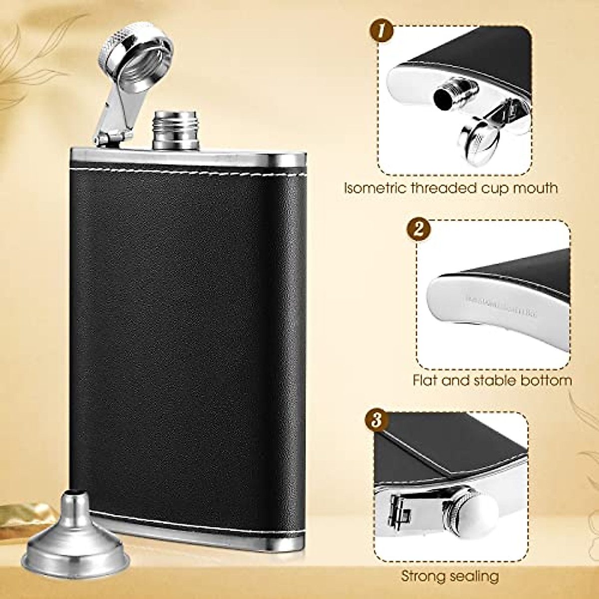 Sieral 12 Sets Christmas Leather Hip Whiskey Flask 8 oz Stainless Steel Flask with Funnel for Men Women Cocktail, Liquor, Groomsmen Gifts, Christmas Gifts, Camping, Wedding Party Favor (Black)