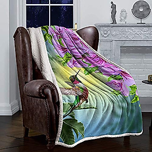 Comfort Her Zon Sherpa Fleece Throw Blanket 49 x 59 Inches Spring Hummingbird Bird Flower Fuzzy Soft Flannel Blanket Reversible Ultra Luxurious Plush Blanket for Bed Couch Sofa- Pink Floral Animal