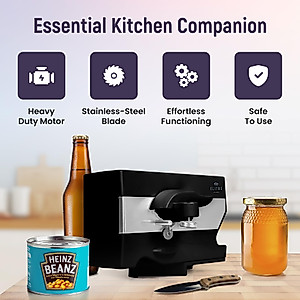 Electric Can Opener - 4 in 1 Under the Cabinet Mounted Can Opener, Blade Sharpener, Bottle Opener, Jar Opener, Mounting Bracket, Large or Small Cans for Seniors with Arthritis - Elitra Home (Black)