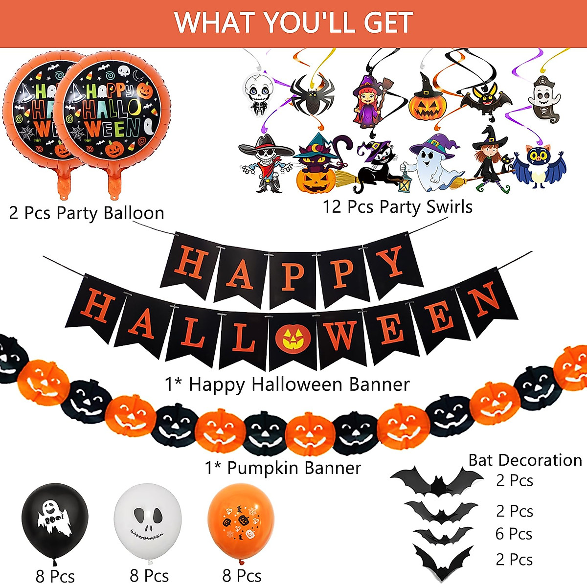 52 PCS Halloween Party Decorations Set Include Happy Halloween Banner, Pumpkin Banner, Hanging Swirl Streamers, Bats Wall Decor, Halloween Balloons Home Decor Party Favors Supplies