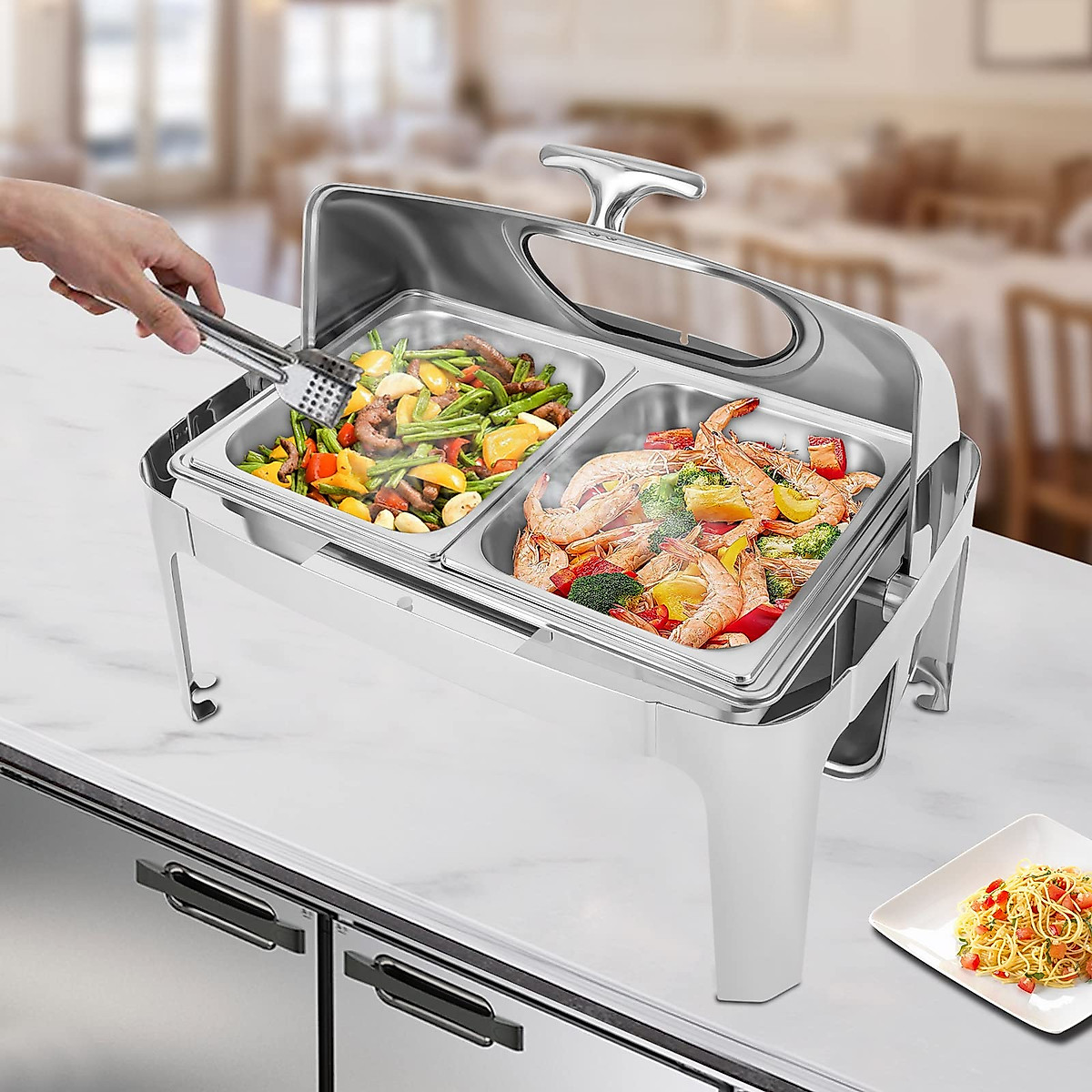 Roll Top Chafing Dish Buffet Set 9L/9.54Qt Stainless Steel Buffet Chafing Server Set Rectangular Buffet Chafer and Food Warmer for Catering Event Parties,25.2 * 18.11 * 17.32in (with Visible Window)