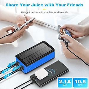 AEECESTORE Solar Charger Power Bank 60000mAh, Portable Solar Battery Charger with 32 LED Lights, External Battery Pack Compatible with iPhone, Cell Phone,Tablet for Camping, Emergency (Blue)