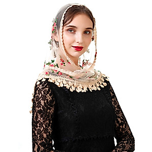 PAMOR Triangle Little Flower Chapel Veils Embroidered Scarf Shawl Latin Mass Head Covering Mantilla Veil for Church (Champagne Rose)