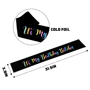 It's My Birthday Birthday Bitches Black Sash with Rainbow Color Lettering - Bridal Shower, Bachelorette,Engagement Hen Party Sash for Girls and Women