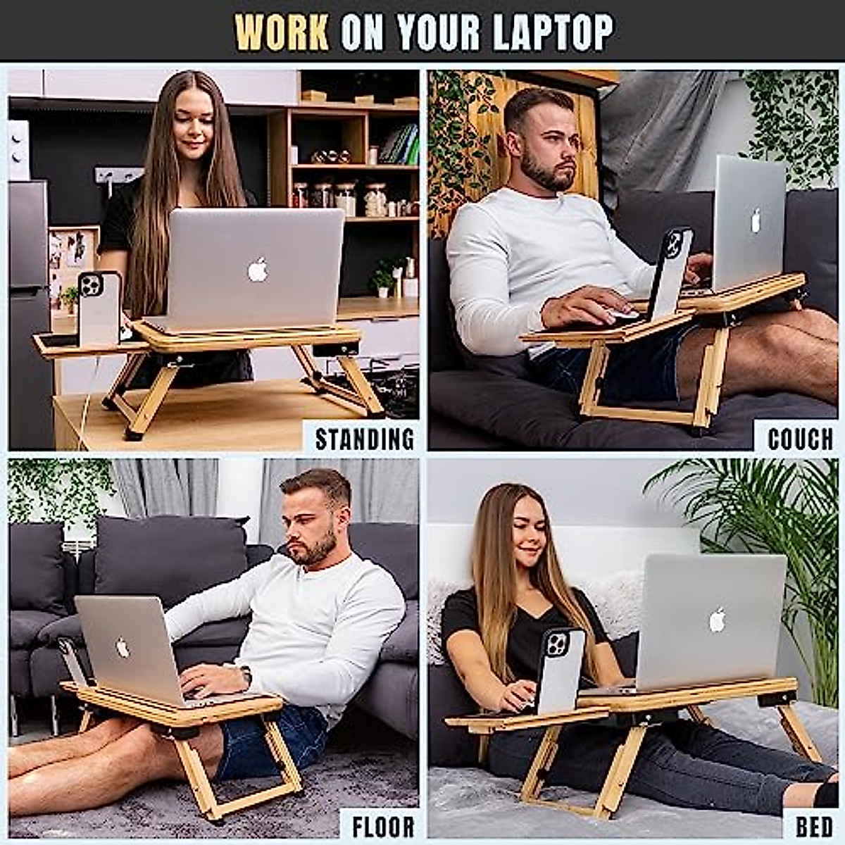 Foldable Laptop Bed Desk with Mouse Pad, Adjustable Folding Bamboo Tray Lap Stand Table for Work Breakfast College Students - Fits up to 17 Inch Laptops