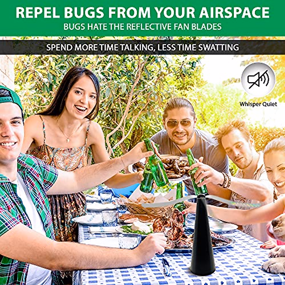 Fly Away - 2 Pack Outdoor Fly Repellent Fan, Outside or Inside Table use, Restaurant, Barbeque, Events, Deter Flies, Wasps, Bees, Other Moscas and Bugs Away, Battery Operated, Tabletop, Hanging Hook.