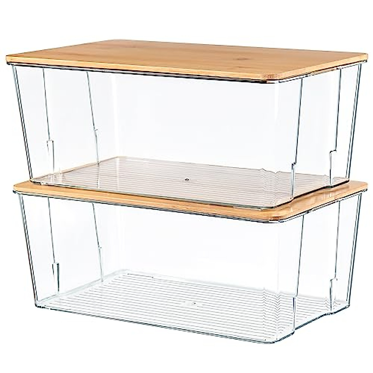 Qilinba 2 Pcs Bamboo Storage Box with Lids, Acrylic Storage Container with External Handles for Organizing Chips, Snacks, Coffee Pod, Laundry Pods, Crafts