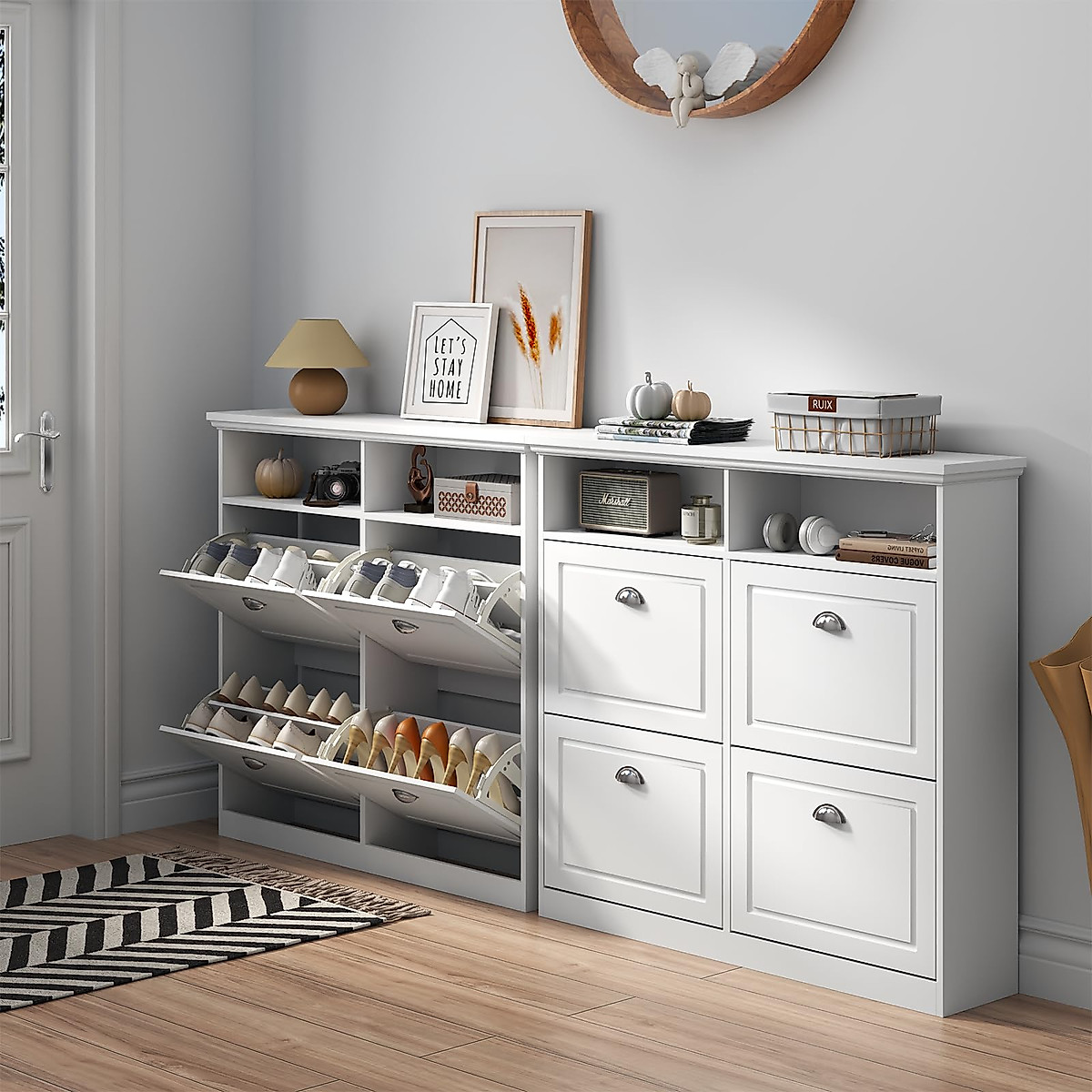 Loomie Shoe Cabinet with 4 Flip Drawers, Freestanding Shoe Storage Cabinet with Open Shelves, Hidden Slim Narrow Shoe Rack Cabinet, Shoe Organizer Cabinet for Entryway, Foyer, Hallway (White)