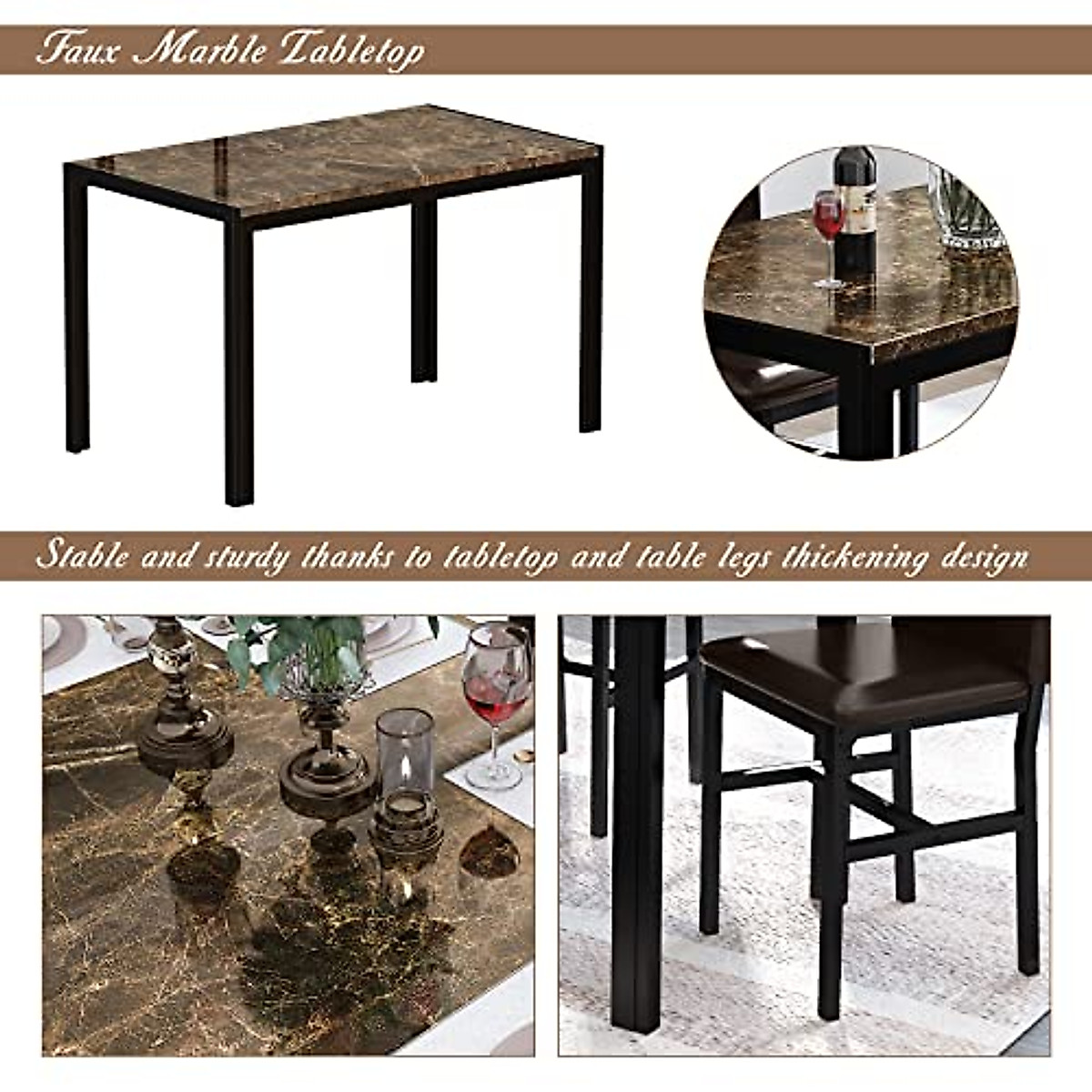 DKLGG Marble Dining Table Set for 4, 5-Piece Faux Marble Kitchen Table and Chairs for 4, Space Saving Dining Room Table Set w/4 Upholstered PU Leather Chairs, Ideal for Dining Room, Kitchen, Corner