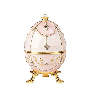 QIFU Hand Painted Pink Faberge Egg Figurine Trinket Box Hinged, Unique Gift for Family